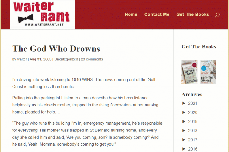 スティーブ・ドゥヴラニカ（アメリカ人ユーモア作家）の「Waiter Rant（ウェイター・ラント）：The God Who Drowns ...